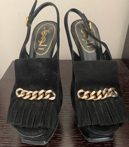 Yves Saint Laurent YSL Tribute Black Suede Slingback Loafer Pumps chain ...