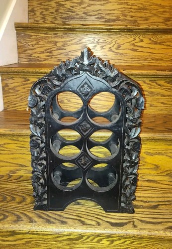 Vintage Black Hand Carved Wood Gothic Ornate 6 Bottle Wine Rack Stand ...