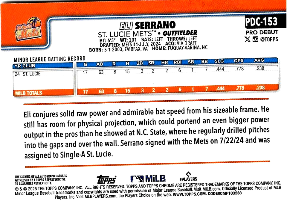 2025 Pro Debut Eli Serrano Orange REFRACTOR SERIAL NUMBER 1/50 NY METS ...