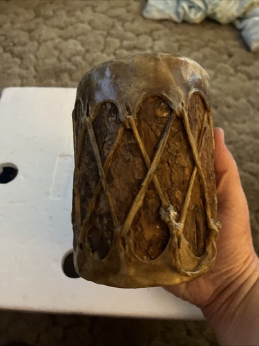 Native American Indian Log Wood Drum Stretched Raw Hide Skin Tree Bark ...