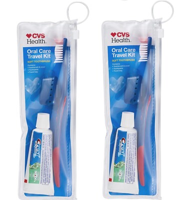 CVS 2-Pack Travel Kits, Toothbrush + Cap, Toothpaste / Case with Zip ...