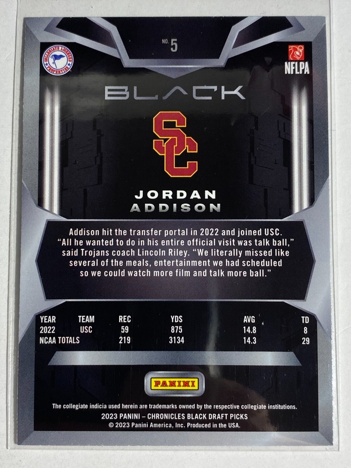 Jordan Addison 2023 Panini Black Draft Picks Southern Cal Trojans | eBay
