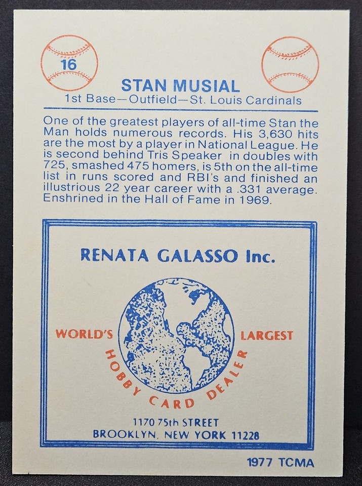 1977 TCMA Renata Galasso Stan Musial #16 St. Louis Cardinals | eBay