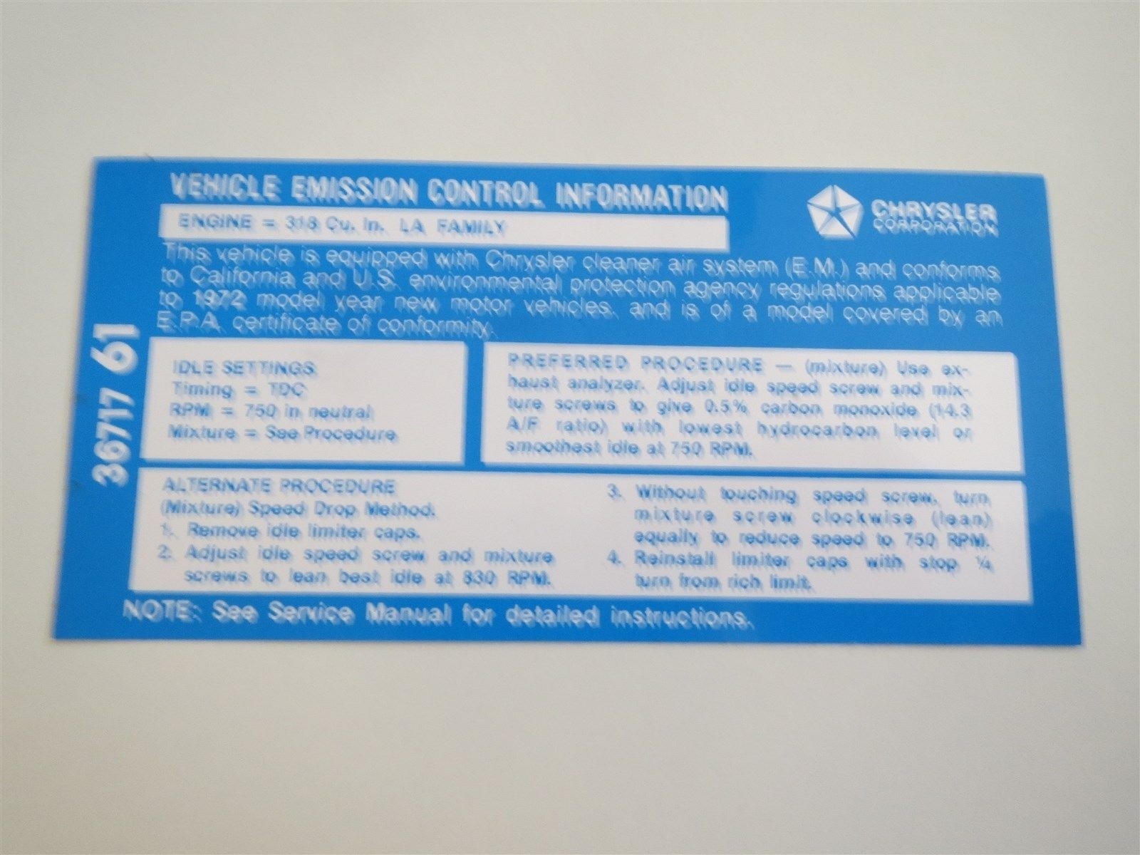 1972 DODGE RAM RAMCHARGER AND TRUCKS 318 2BBL ENGINE EMISSIONS DECAL ...