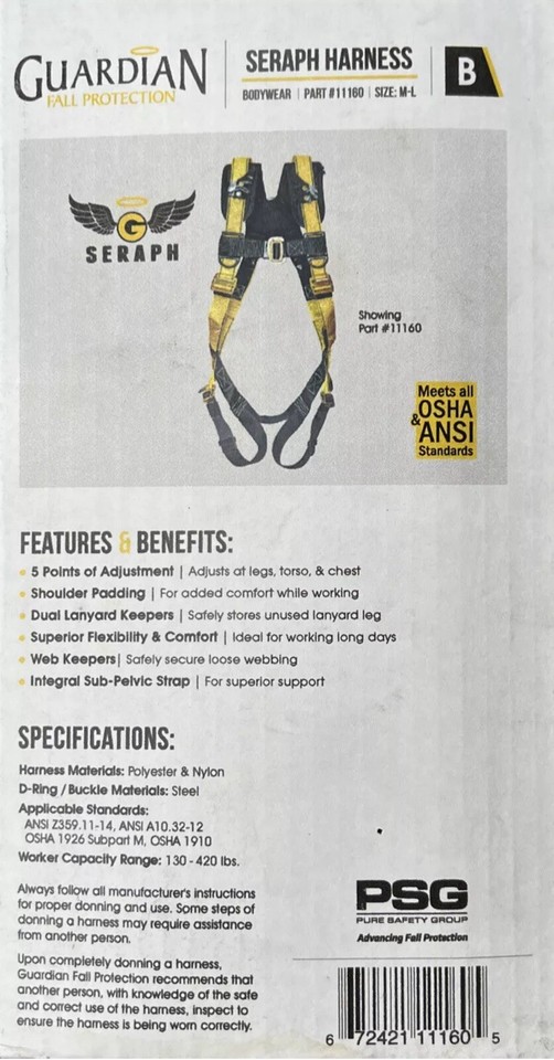 Guardian Seraph Universal Harness Fall Protection Size M/L # 11160 ...