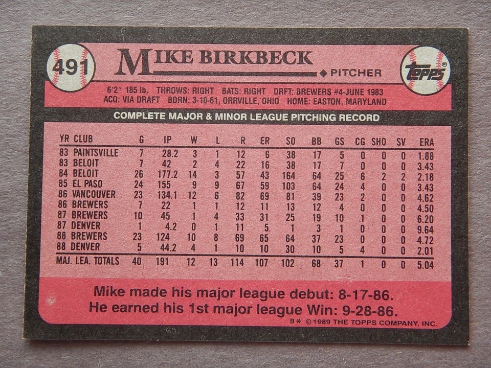Mike Birkbeck #491 Topps 1989 Baseball Card (Milwaukee Brewers) VG | eBay