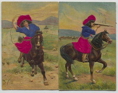2 1908 Silk Cowgirl riding horses Postcards Enid Oklahoma & St. Paul ...