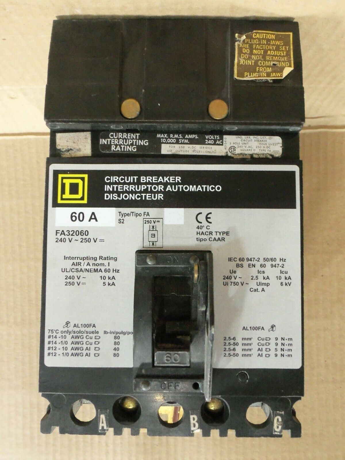 Square D FA FA32060 3 Pole 60 Amp 600V RELABELED I-Line Circuit Breaker ...