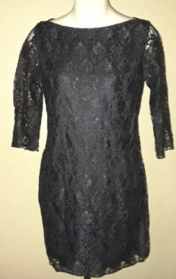 Black lace LBD 3/4 sleeve open back mini dress size medium high neck ...