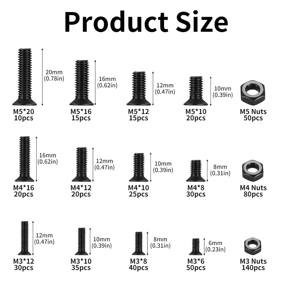 580 Pcs M3 M4 M5 Screws and Nuts Set, Countersunk Bolts and Nuts ...