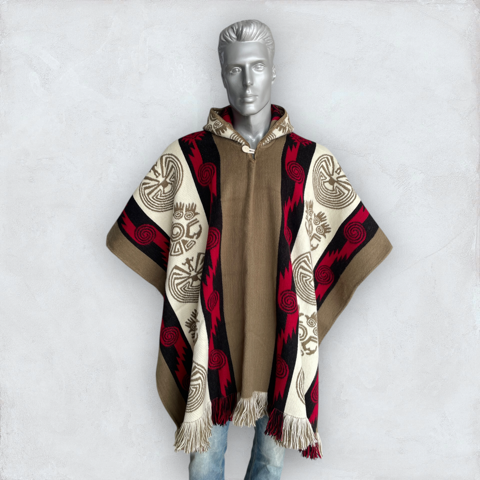 Alpaca Wool Poncho in beige/red. Mayan Handcrafted by Indigenous Hand ...