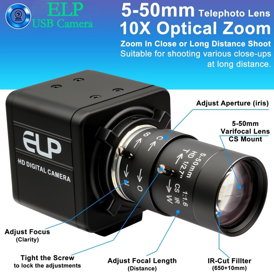 ELP 5MP Global Shutter 10X Zoom USB Industrial Camera 1944P 50fps/1080P ...