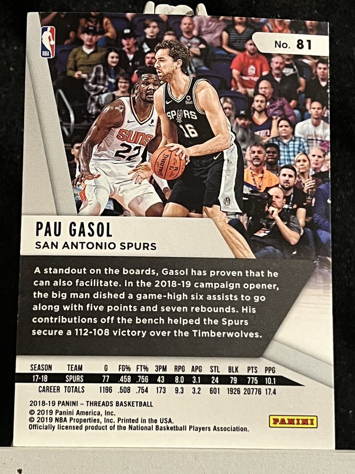 2018-19 Panini Threads #81 Pau Gasol Spurs San Antonio Spurs Basketball ...