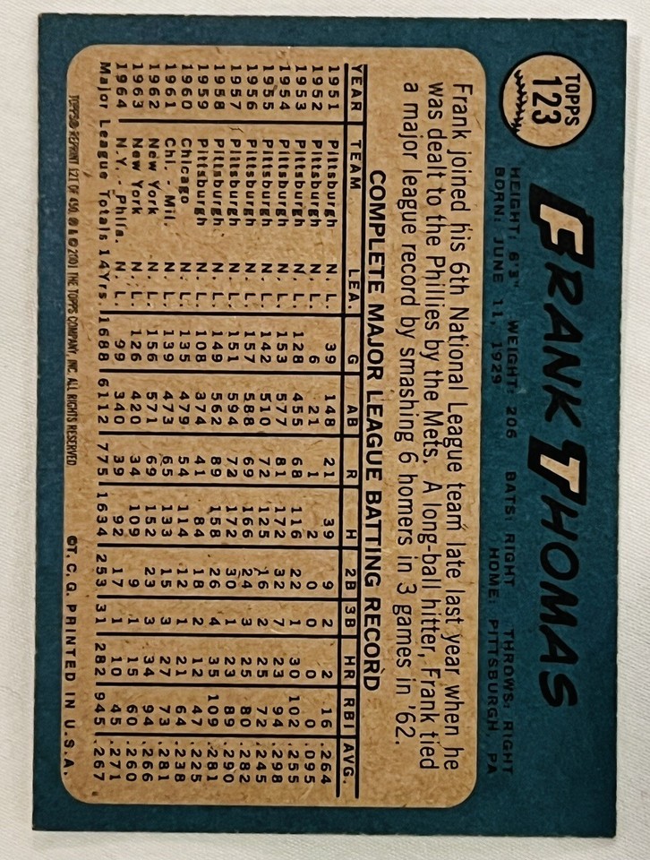 Frank Thomas SIGNED AUTOGRAPH 2001 Topps Archives Card Philadelphia ...