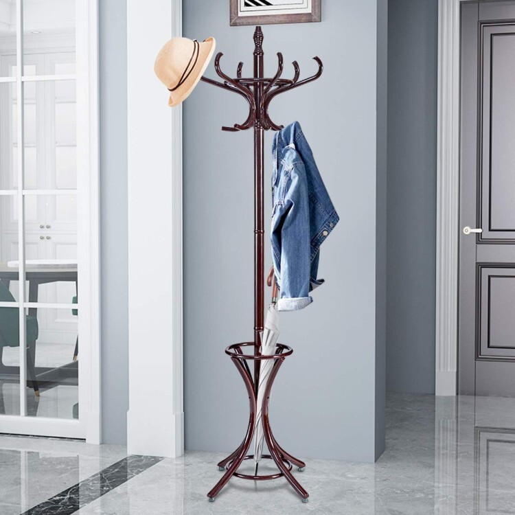 Wooden Standing Hat Coat Rack Tree Bag Hanger Tree 12 Hook Umbrella ...