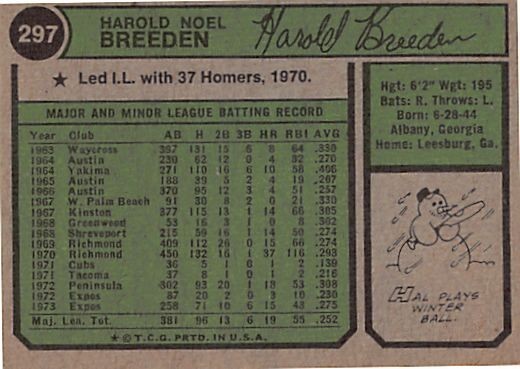 1974 Topps #297 Hal Breeden VGEX p2s-17289 | eBay