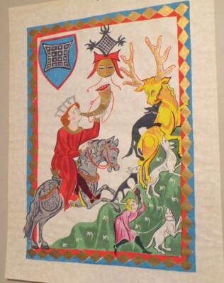 Medieval Hunt Watercolor Painting VTG Gouache Fox Hounds Illuminated ...