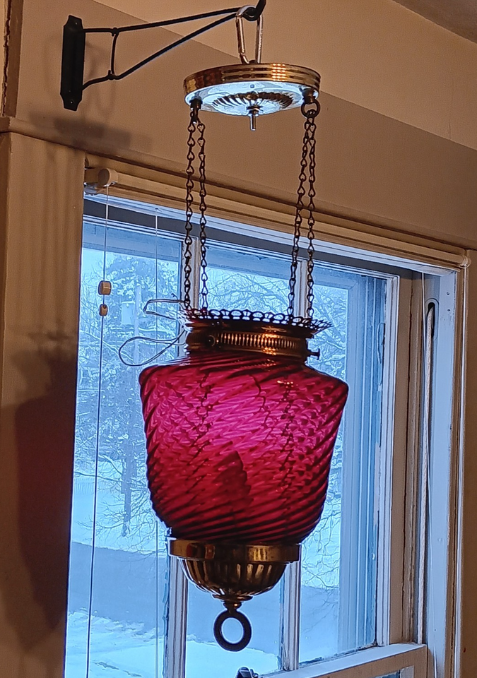 Victorian Cranberry Glass Swirl Hanging Lamp Shade w/Brass Hardware ...