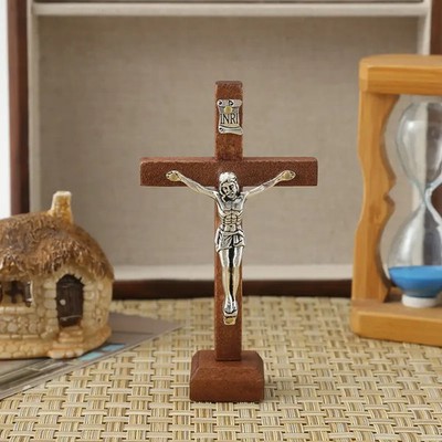 Small Wooden Crucifix with Metal Jesus Figure – Brown Desk Standing ...