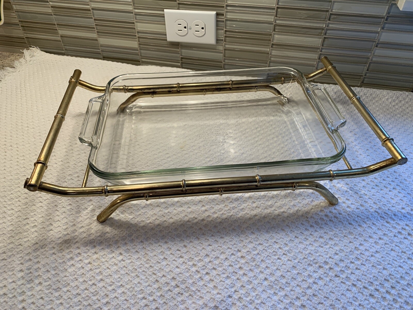 Vintage Gold Metal Faux Bamboo Serving Pyrex Dish holder, Casserole ...