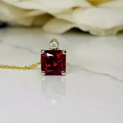 3Ct Princess Cut Simulated Red Ruby Womens Gift Pendant 14K Yellow Gold ...