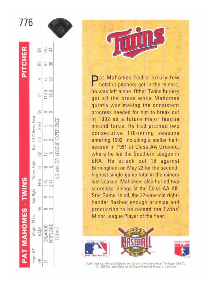 1992 Upper Deck #776 Pat Mahomes RC | eBay