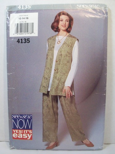 Butterick See & Sew Pattern 4135 Misses Vest Tunic Pants Size 12-14-16 ...