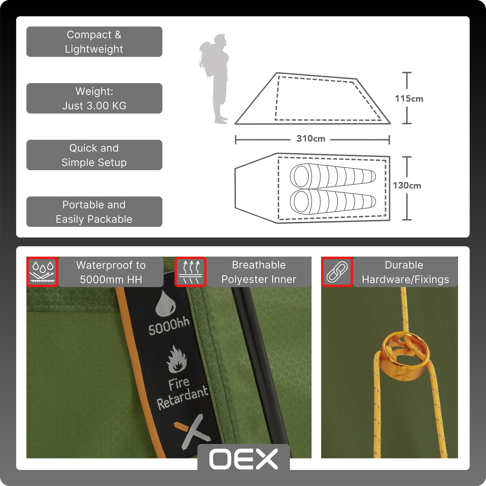 OEX Lightweight Spacious Hyena II Tunnel Tent for 2 People, Camping ...