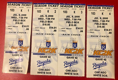 KC Royals vs Chicago White Sox 4 Season tickets- rain check- 6/5/2000 ...