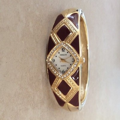 Versailles Women's Bangle Watch Burgundy & Gold Crystal Diamond Shaped ...