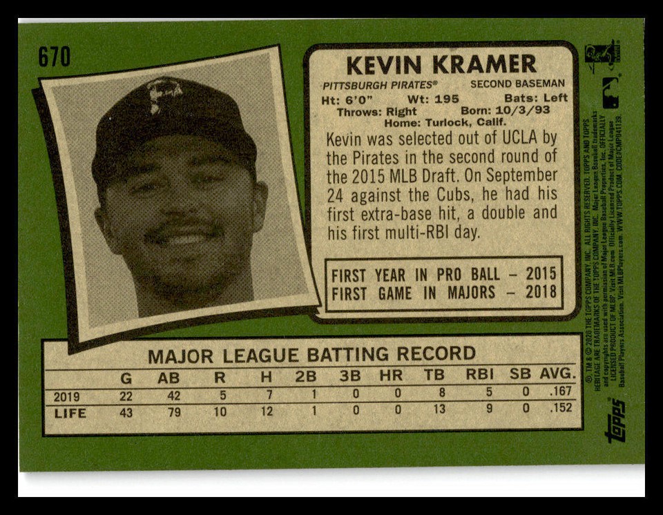 2020 Topps Heritage Kevin Kramer #670 Pittsburgh Pirates | eBay
