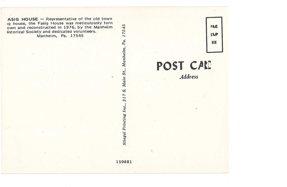 FASIG HOUSE Log Home Reconstructed 1976 Lancaster County Manheim PA ...