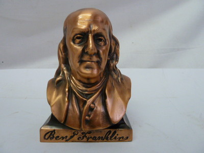 BENJAMIN FRANKLIN COPPER PLATED WHITE METAL COIN BANK A.C.R. LIMITED ...