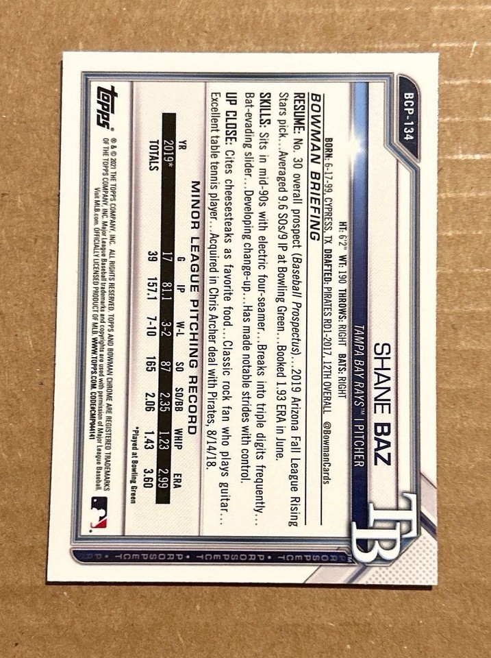 Shane Baz Prospect - 2021 Bowman Chrome Atomic Refractor #BCP-134 Tampa ...