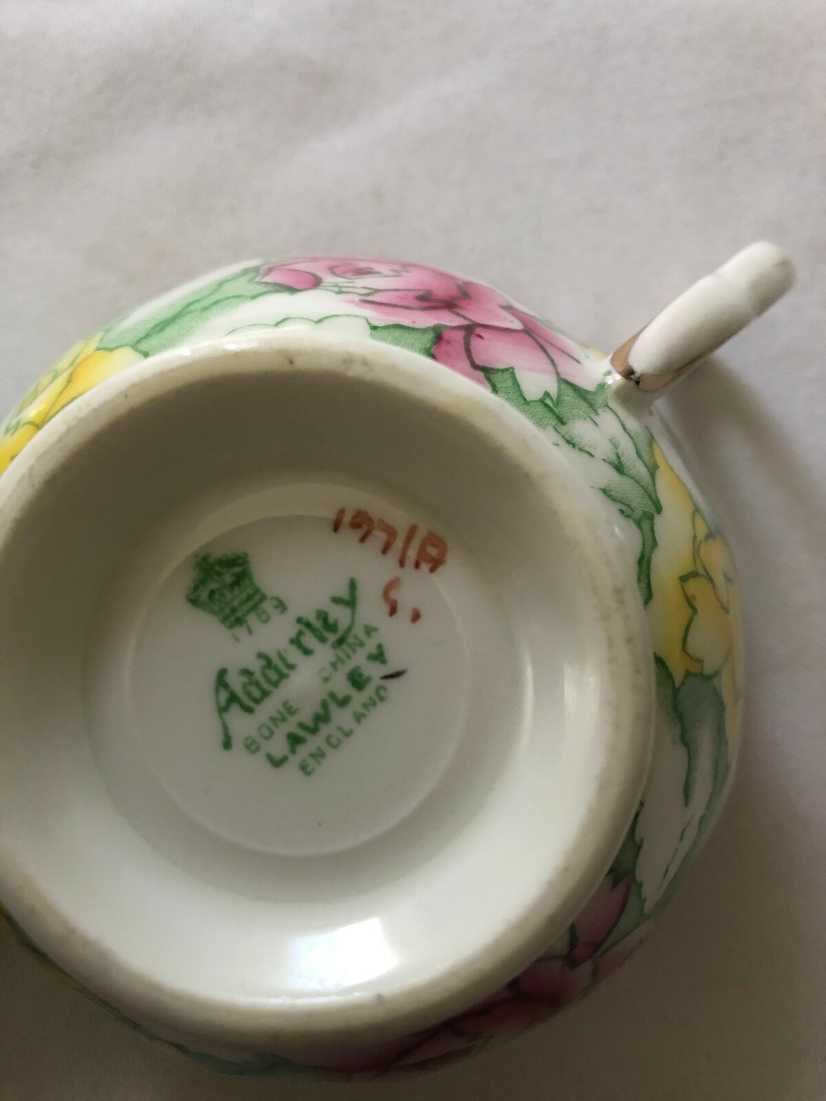 Adderley Lawley Teacup and Saucer Bone China England w/ brown writing ...