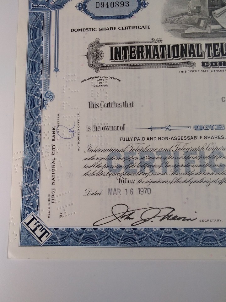 ITT Stock Certificate Vtg 1970 Nude Scientist White Plains NY Stamford ...