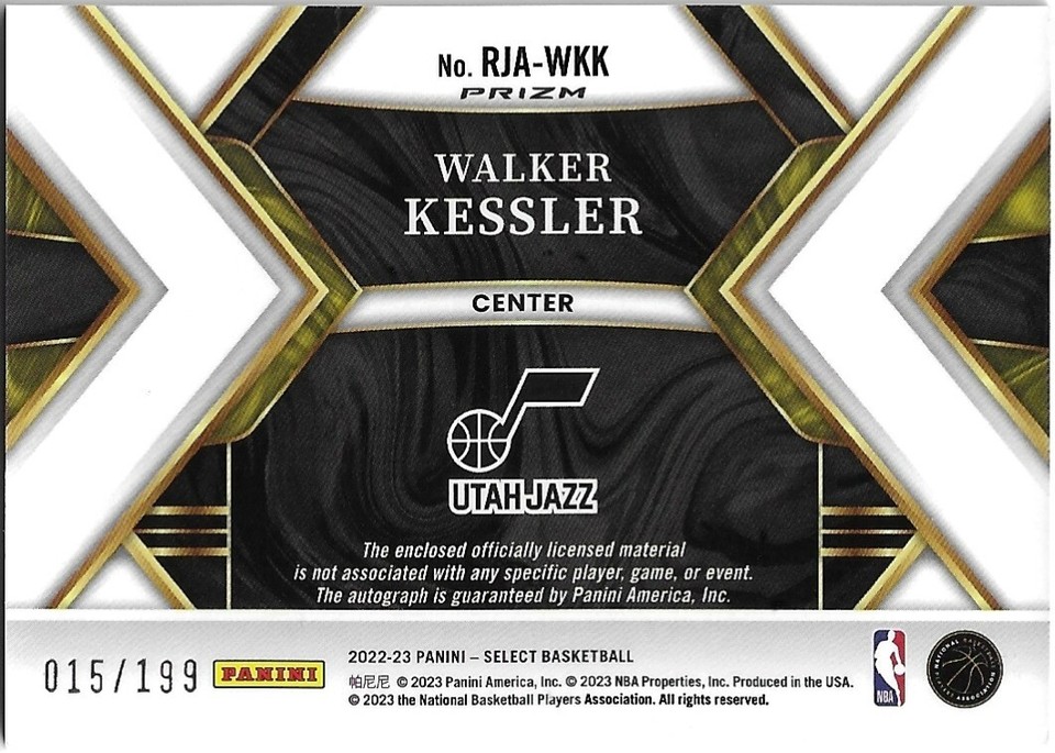 2022-23 Panini Select WALKER KESSLER Rookie Patch Auto Silver Prizm ...