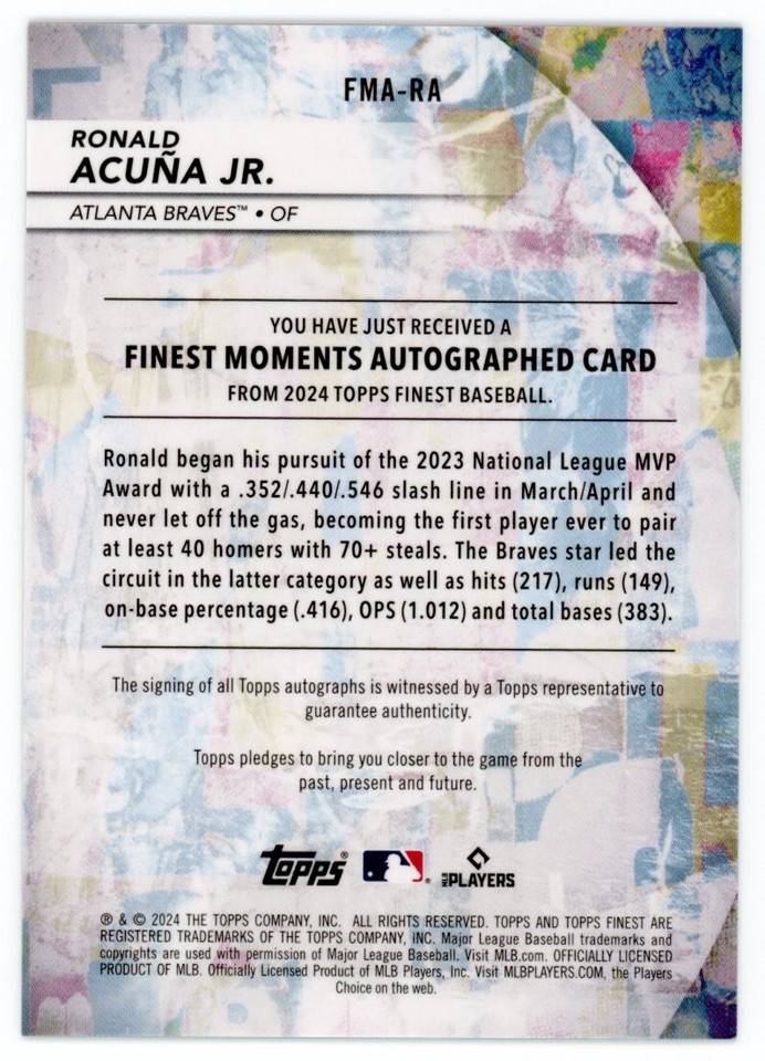 2024 Topps Finest Ronald Acuna Jr. Black Refractor Auto /10 RARE- 1: ...