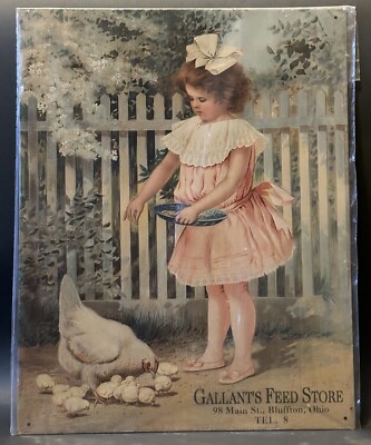 vintage Gallant's Feed Store sign girl in pink dress feeding chickens ...