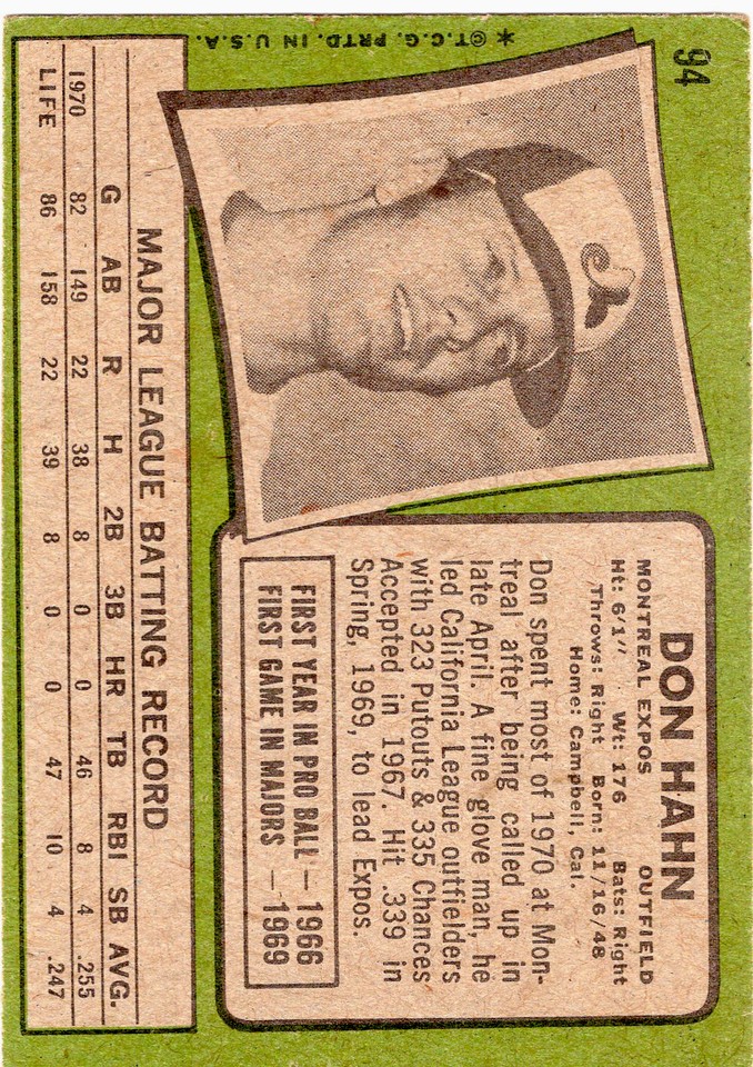 1971 Topps #94 Don Hahn - Rookie - Montreal Expos - Outfield RC- Nice 👍 ...