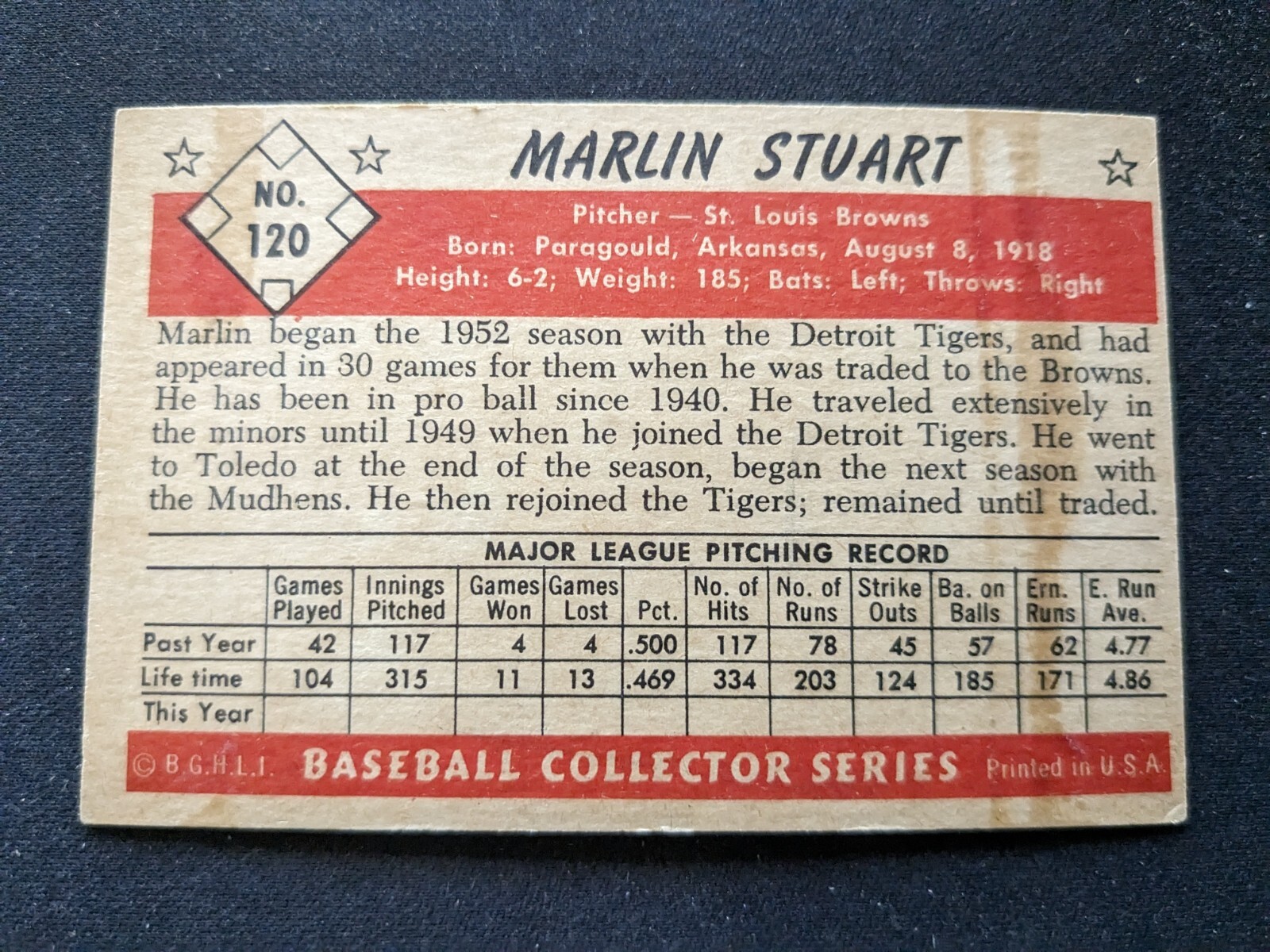1953 Bowman Color Baseball Card # 120 Marlin Stuart - St. Louis Browns ...