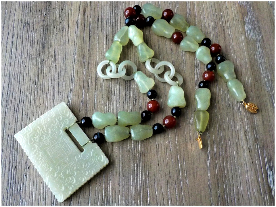 Chinese Jade Pendant, Devil's Work Jade, Carnelian, Blue Tiger's Eye ...