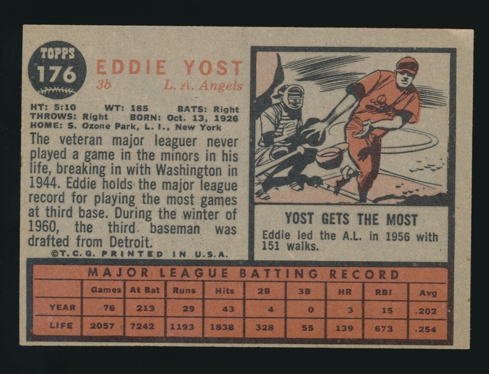 1962 Topps Baseball -#176 EDDIE YOST (Angels) *GREEN TINT* Batting Pose ...