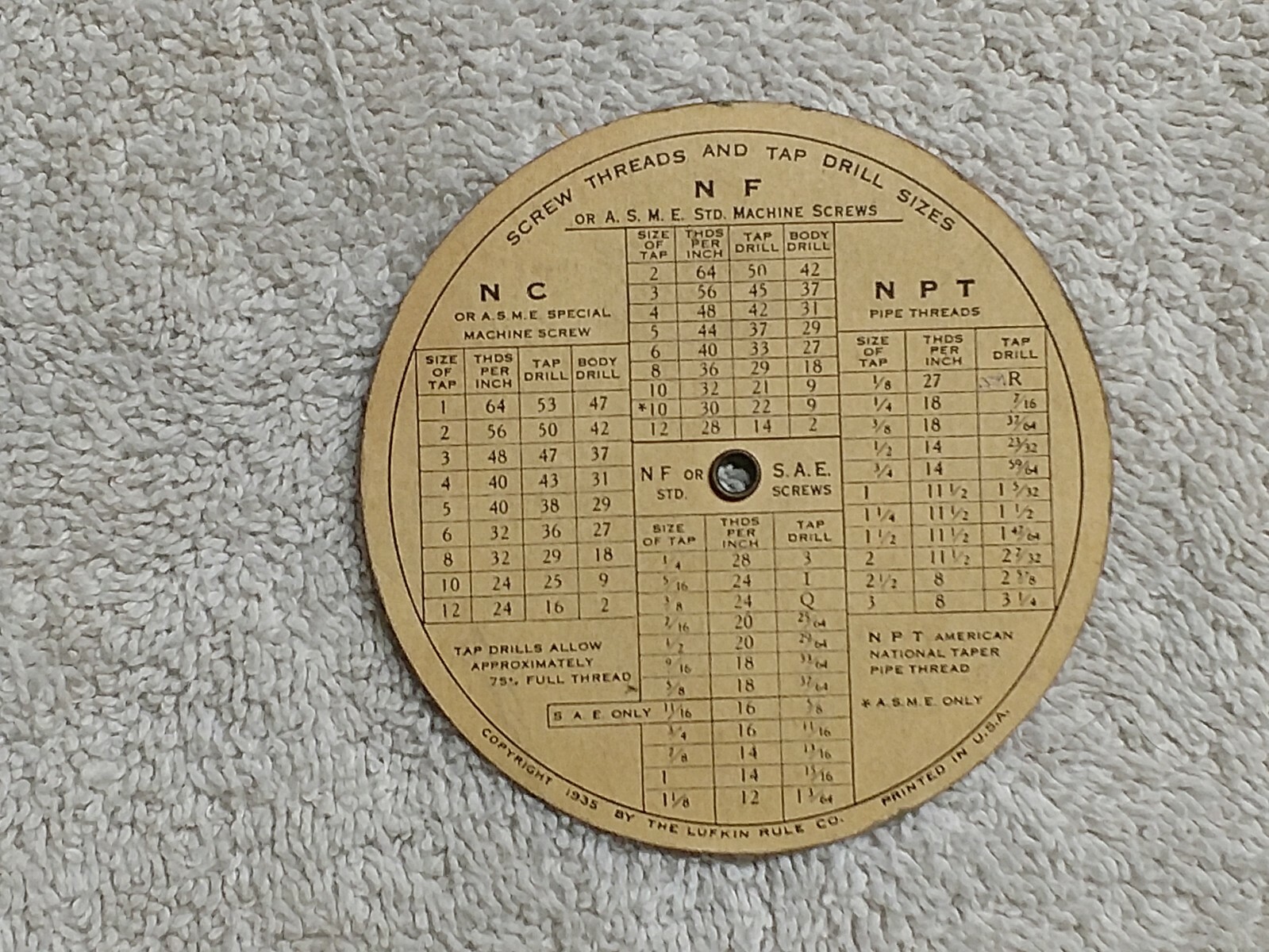 Lufkin Tools NC & NF Screw Thread Circular Slide Rule chart-Vintage ...