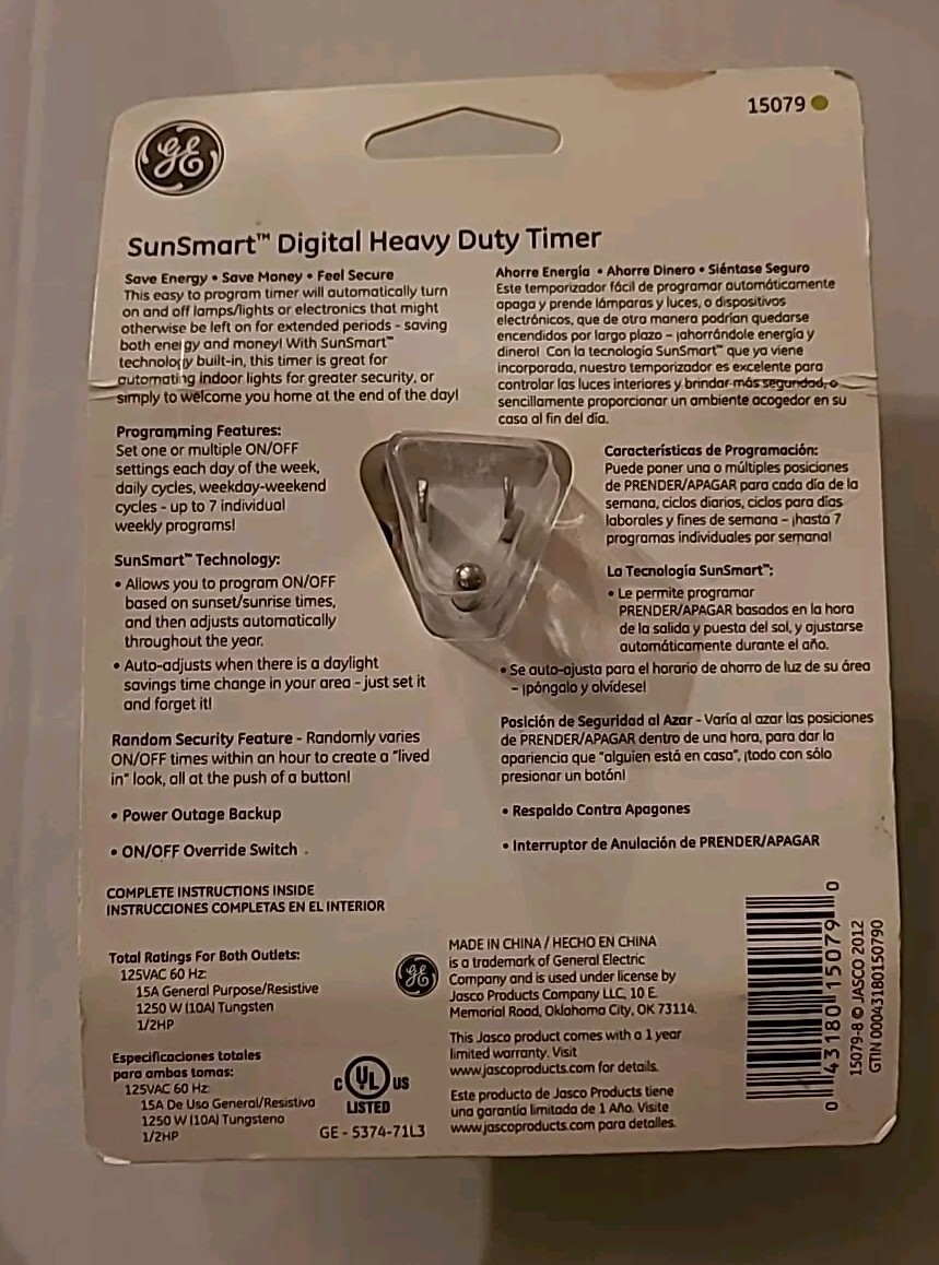 GE 15079 Indoor 7-day SunSmart Plug in Programmable Digital Timer 2 ...