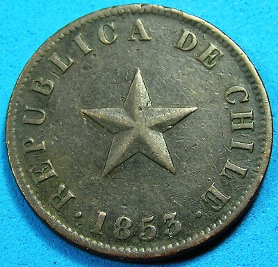 Chile 1 Centavo Copper Coin, 1853 raised star, coin alignment, Combined ...