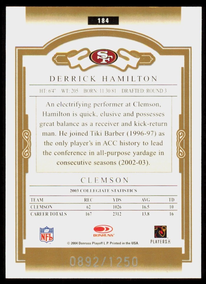2004 Donruss Classics Derrick Hamilton Rookie /1250 #184 | eBay