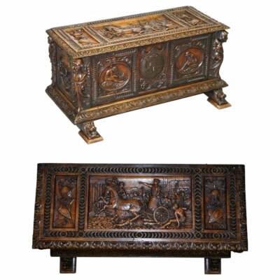 SUBLIME ROMAN CHARIOT ORNATELY HAND CARVED ANTIQUE WALNUT TRUNK CHEST ...