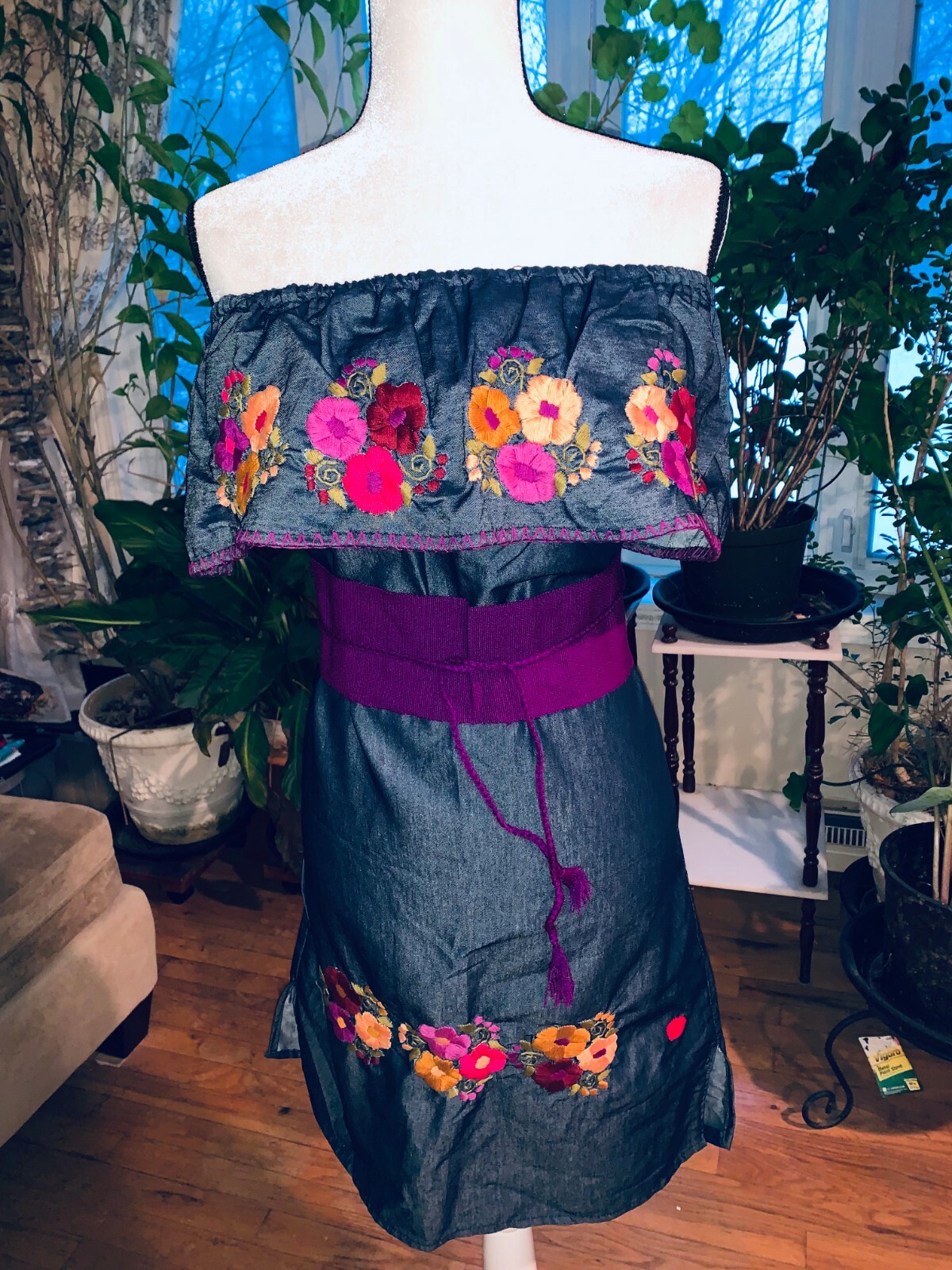 Maya Mexican Dress Belt Vestido Campesino Faja Flowers Chiapas Denim ...