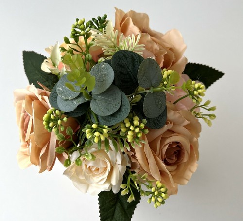 Brown Beige Roses Bouquet Bunch Eucalyptus Pre Made Weddings Flowers ...